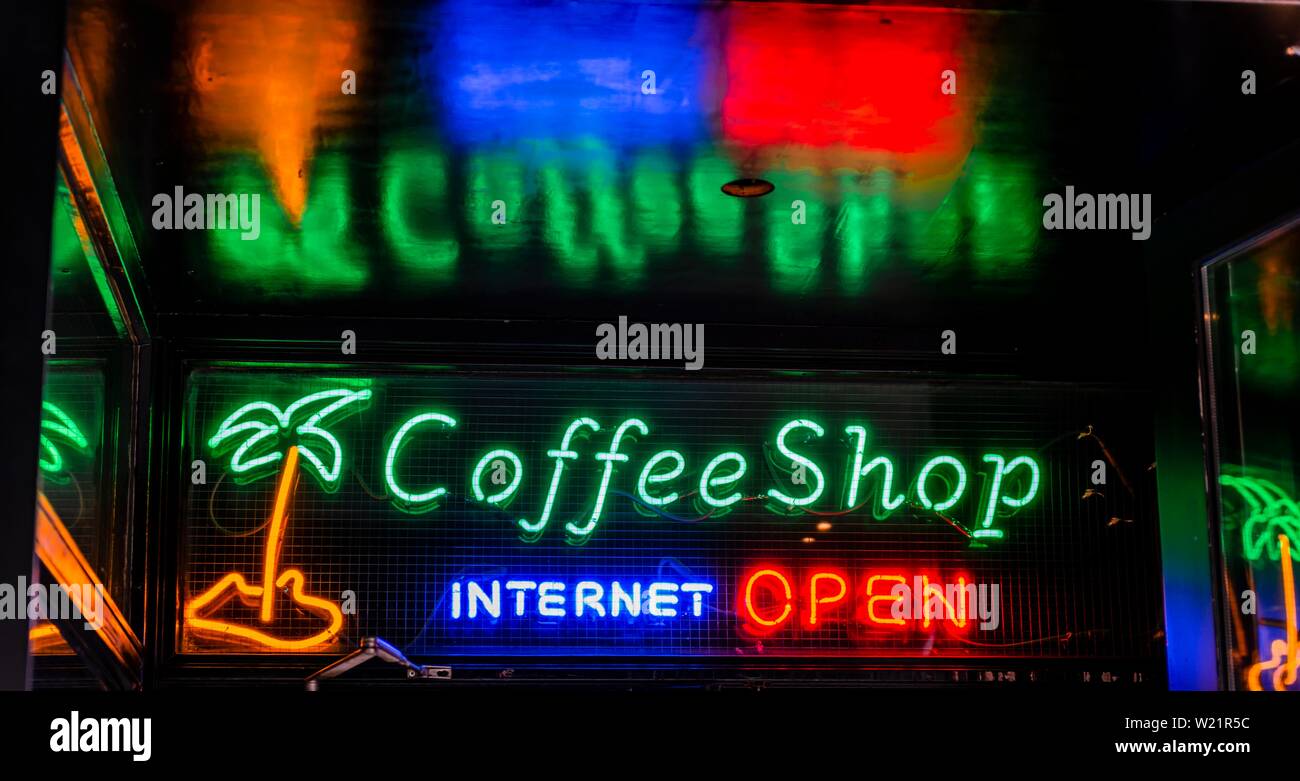 Neon advertising, sign Coffeeshop, Amsterdam, North Holland ...