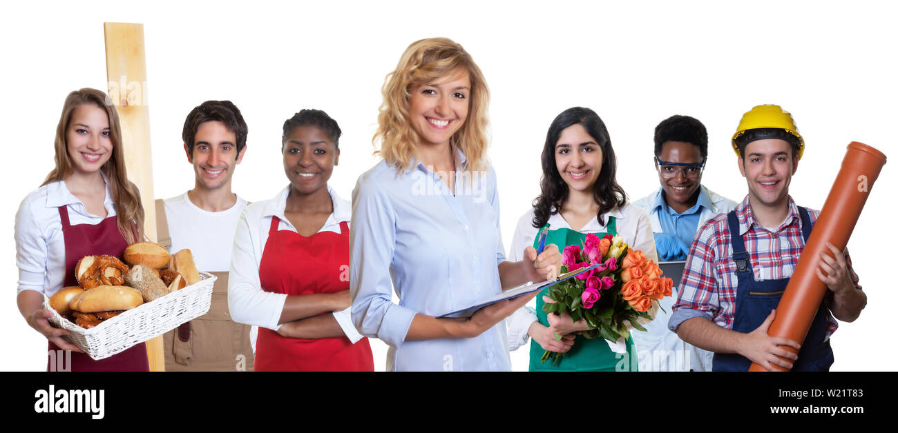 Smiling female business trainee with group of other international ...