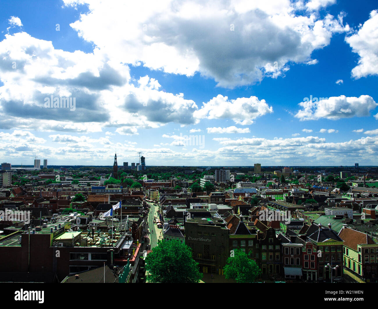 View over historic part of Groningen city under blue sky with clouds ...