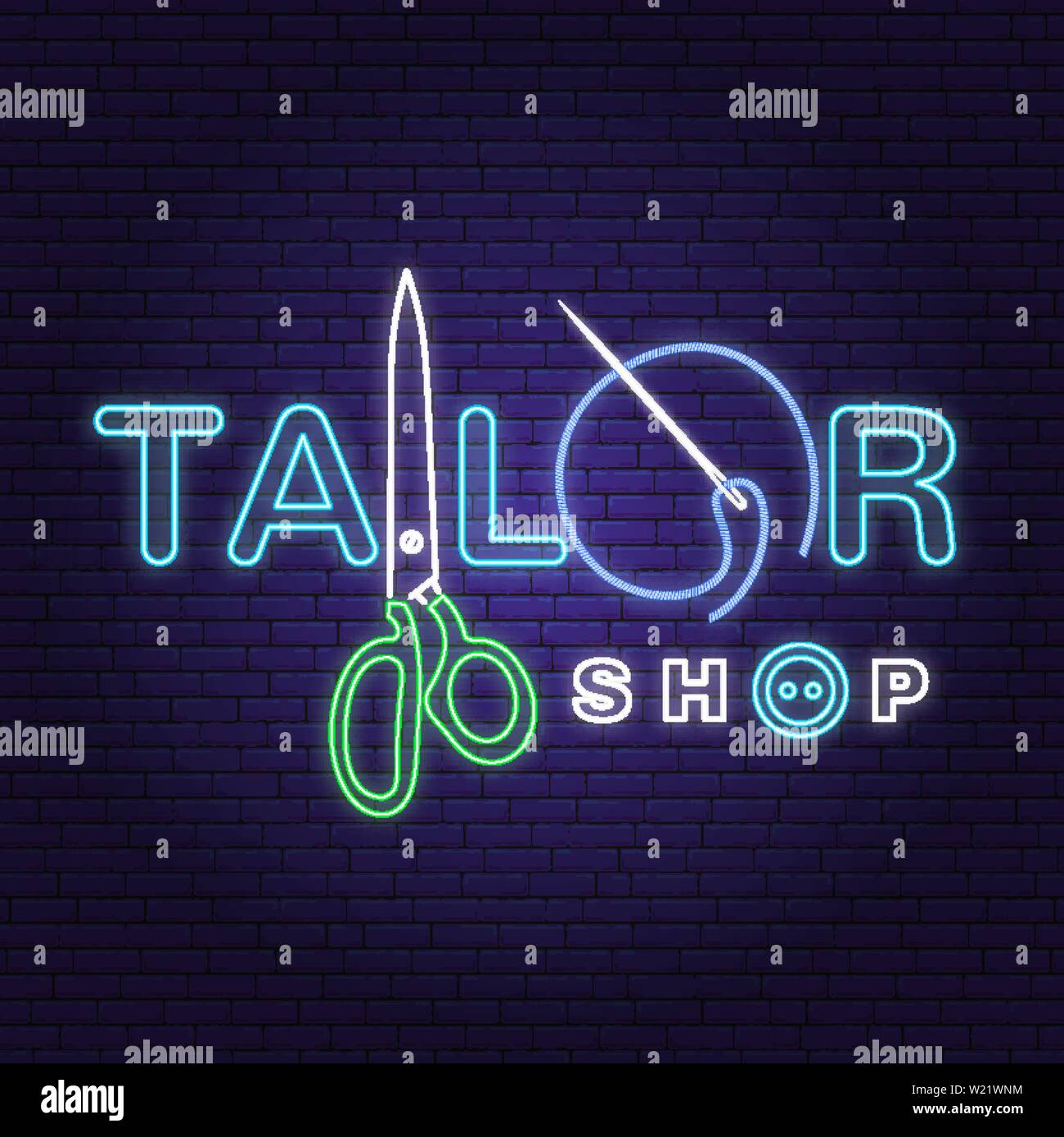 Tailor shop neon design or emblem. Vector illustration. Night neon ...