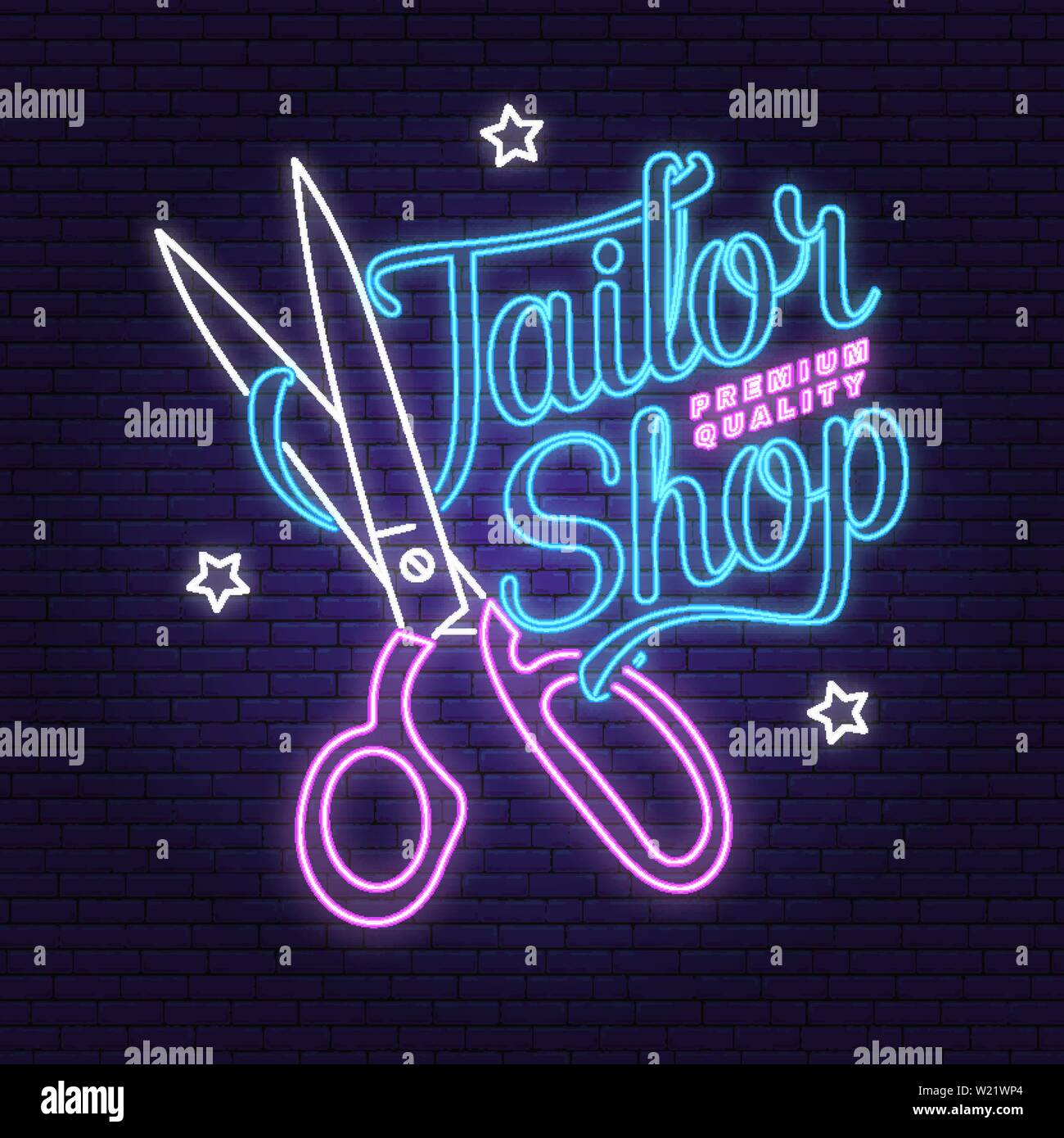 Tailor shop neon design or emblem. Vector illustration. Typography ...