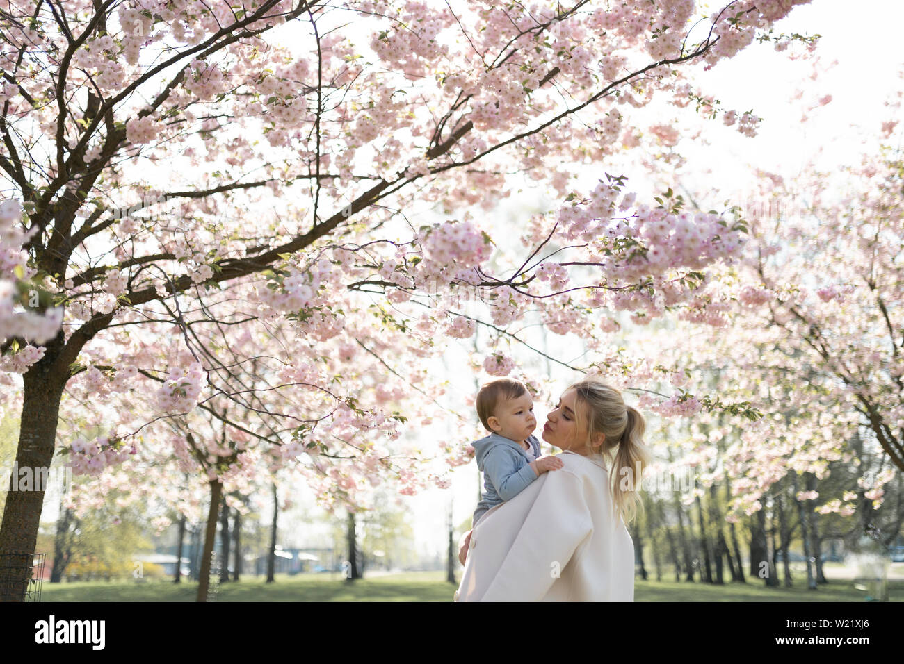 Young mother mom holding her little baby son boy child under blossoming ...