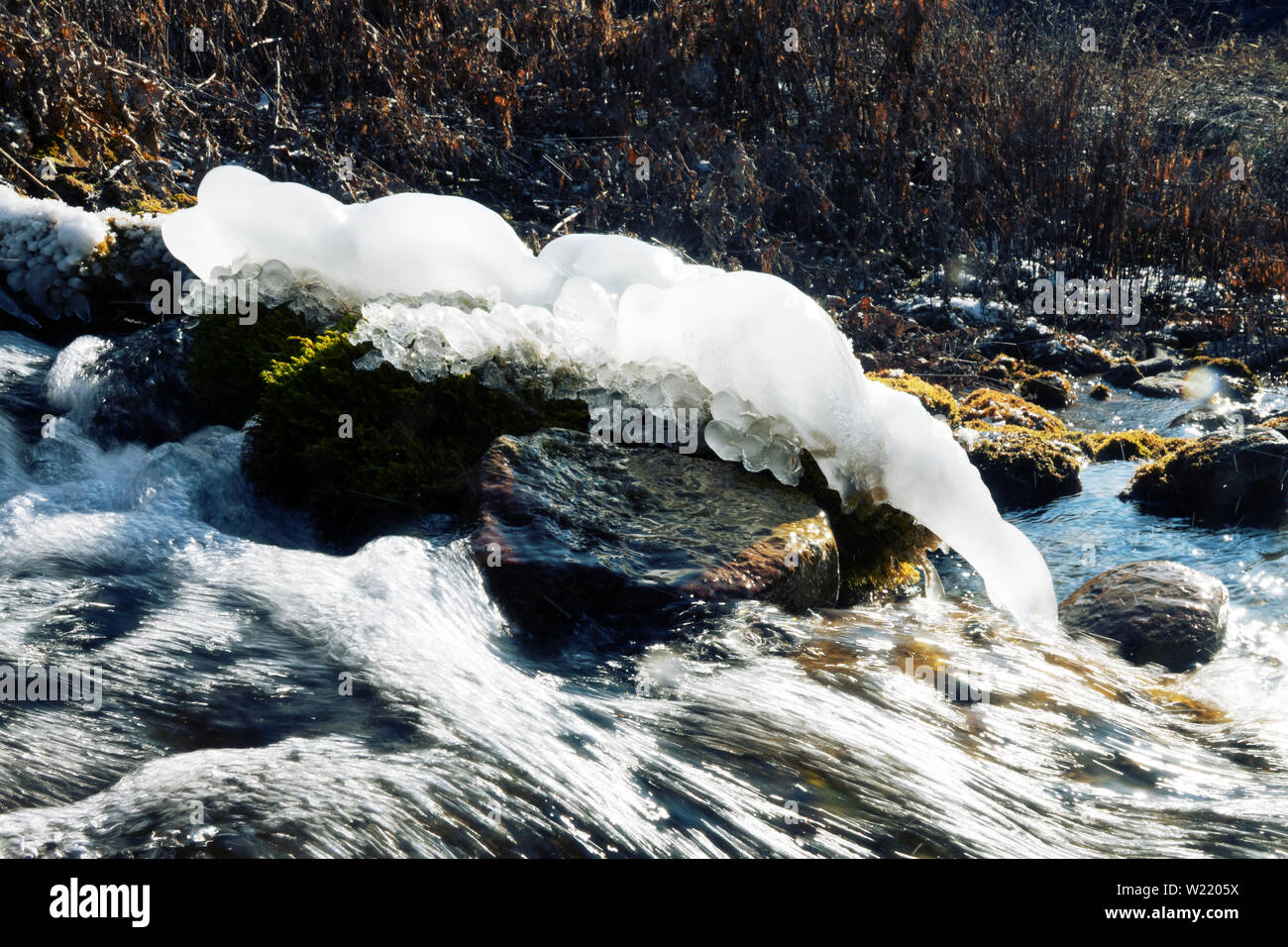 Mountain river on frosty day and icing stones. Becomes clear mechanism ...
