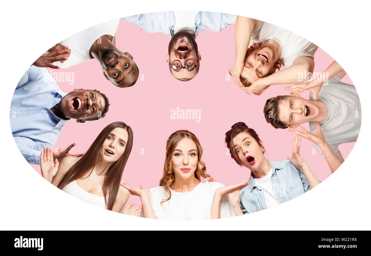 Collage of close up portraits of 8 young people on coral pink ...