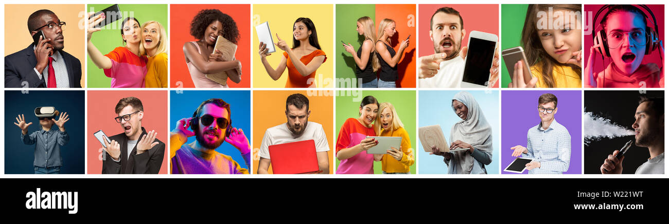 Portrait of people using different gadgets on multicolor background ...