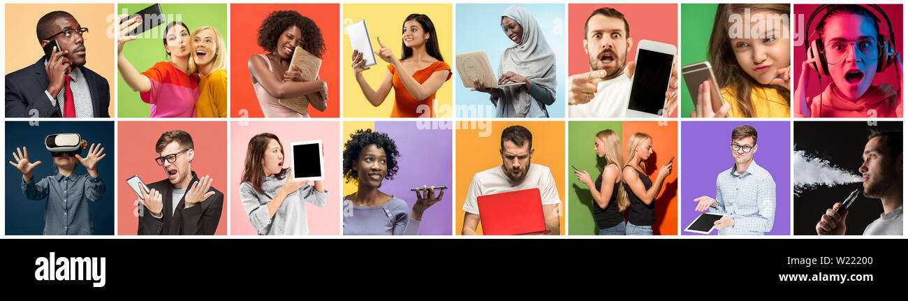 Portrait of people using different gadgets on multicolor background ...