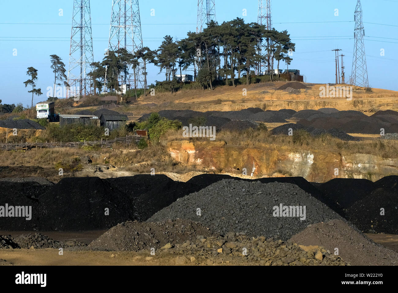 Coal heaps on a site on which coal is Illegally dug, Khasi Hills ...