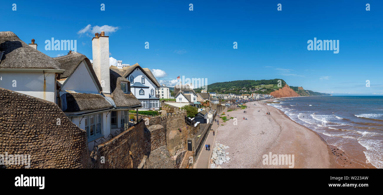 Panoramic view of seafront, beach and coastline of Sidmouth, a small ...