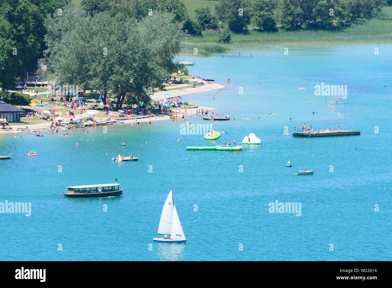 Mattsee: lake and lido Mattsee, swimmer, sailboat in Flachgau, Salzburg ...