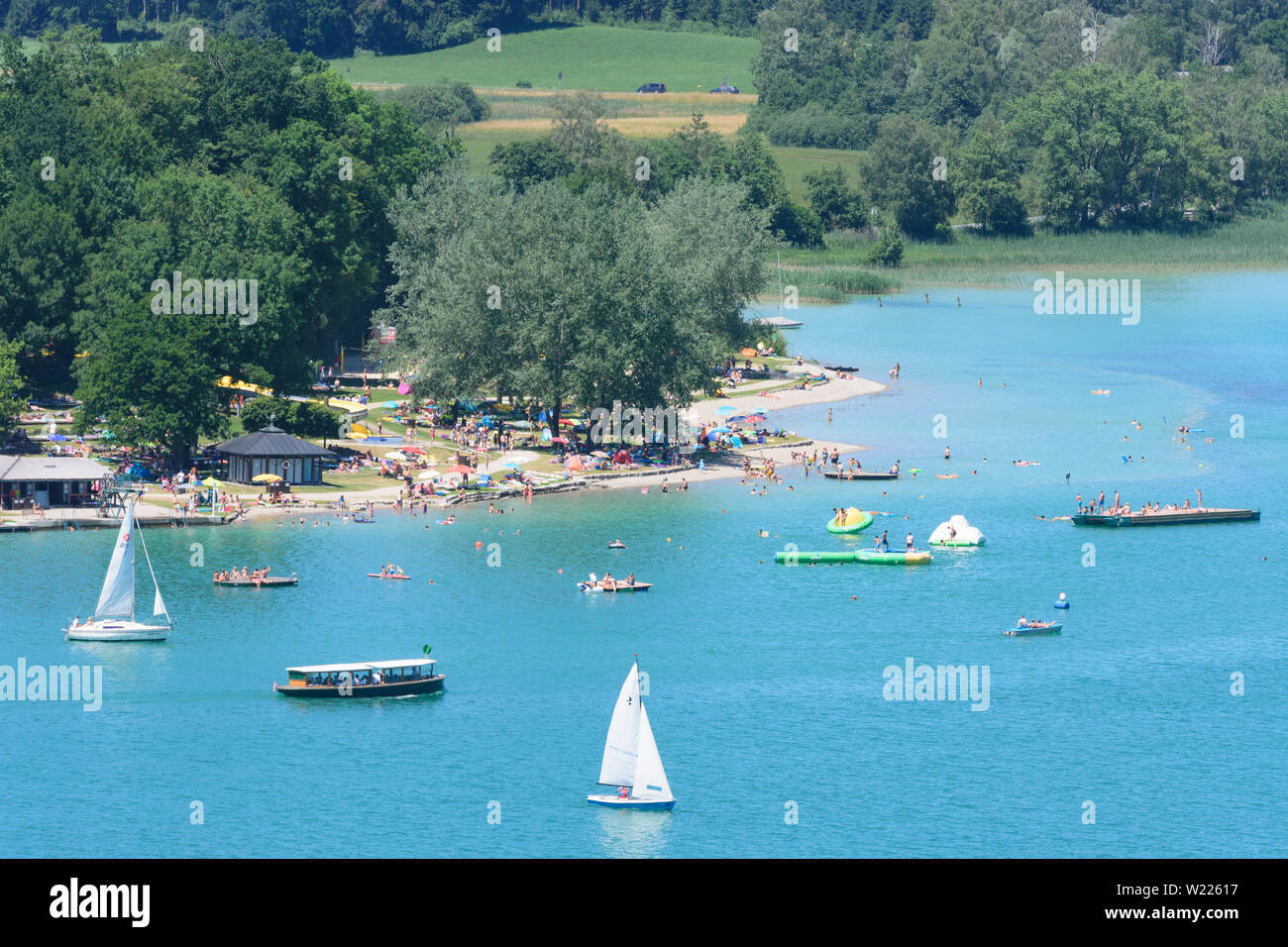 Mattsee: lake and lido Mattsee, swimmer, sailboat in Flachgau, Salzburg ...