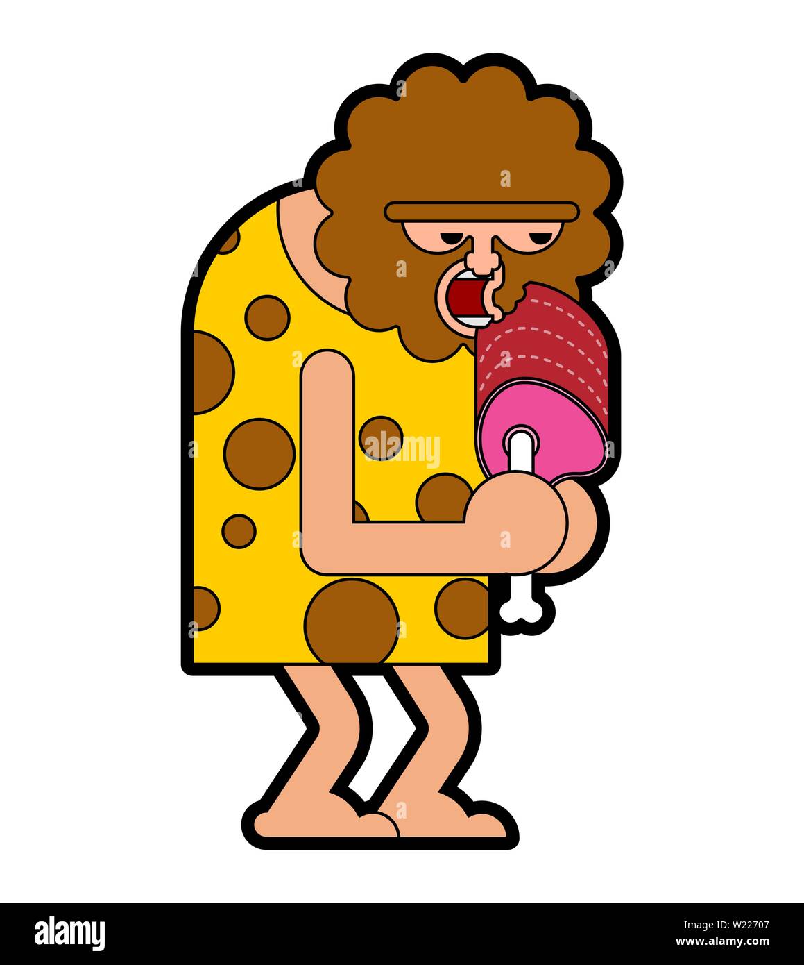 Caveman eating meat. Prehistoric man and meat on bone. Ancient man ...