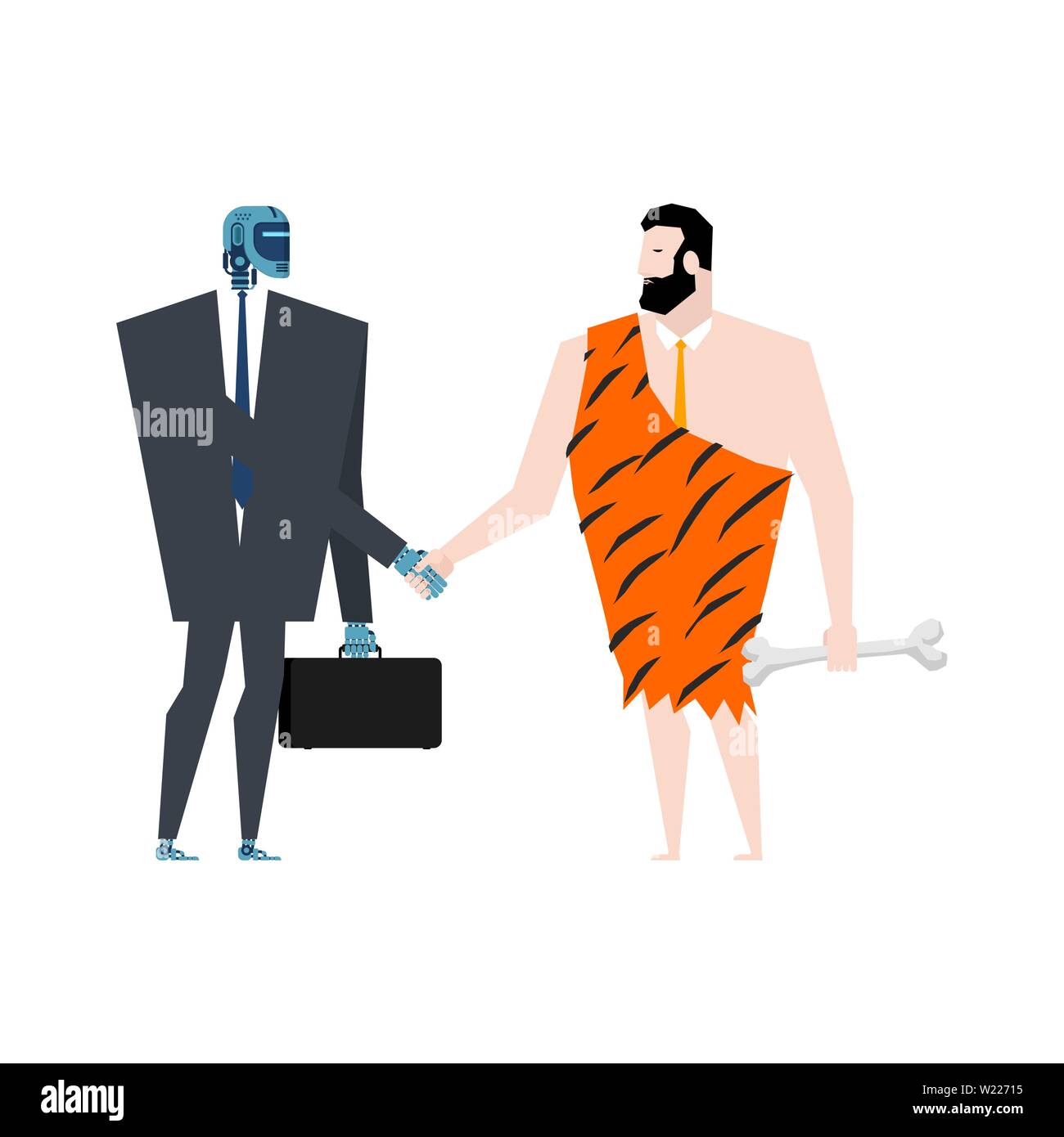 Caveman and Cyborg handshake. Robot and Prehistoric man contract ...