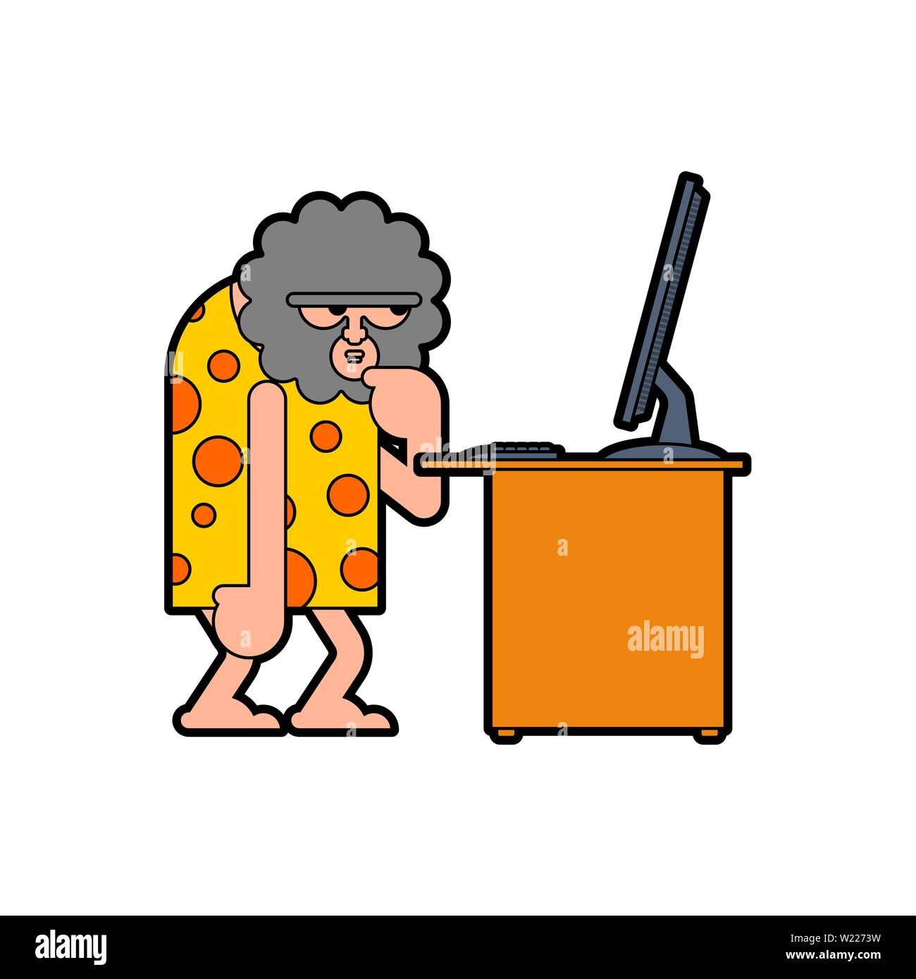 Caveman and computer. Prehistoric man and PC. Ancient man think Stock ...