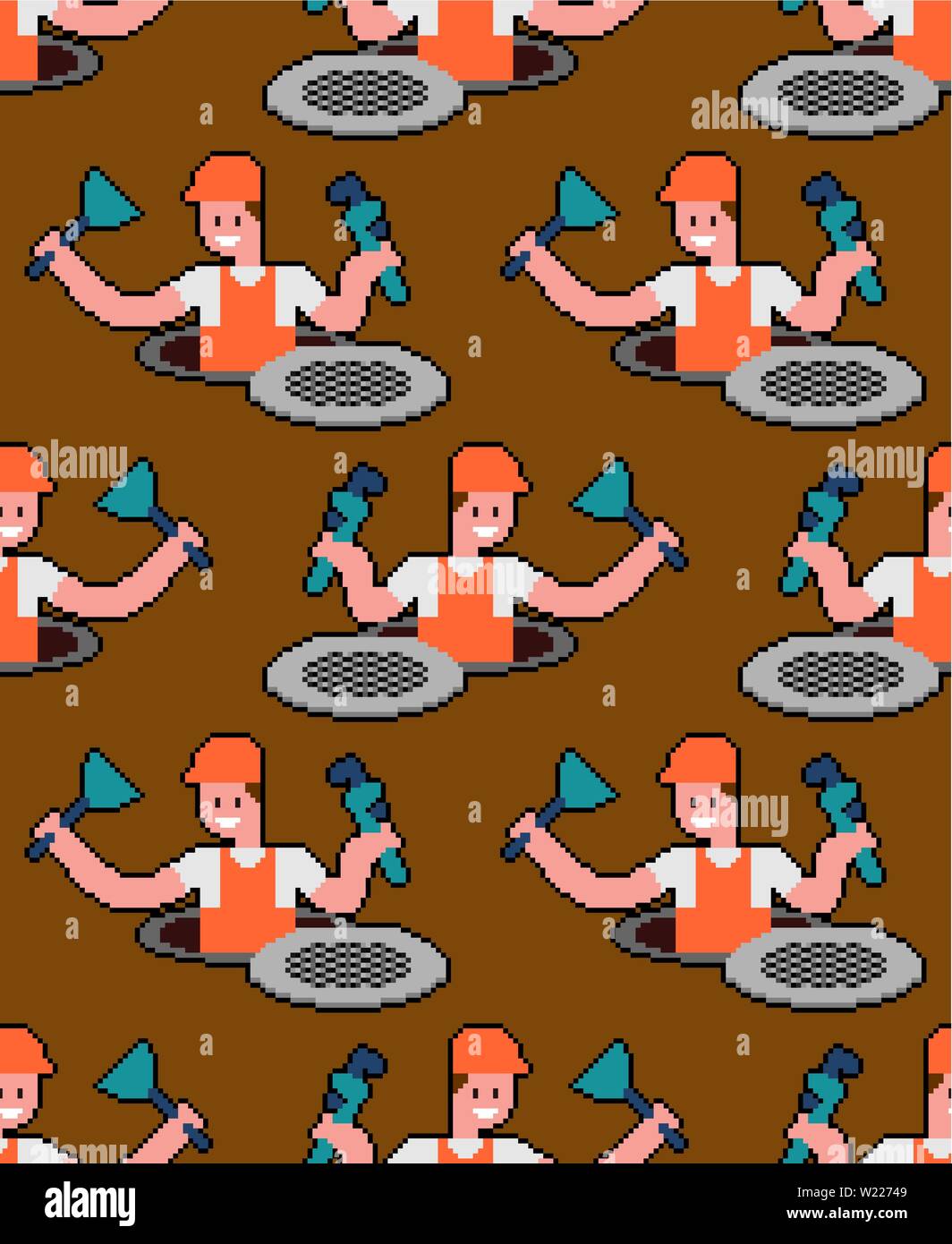 Plumber pixel art pattern seamless. Working in Sewer 8 bit background ...