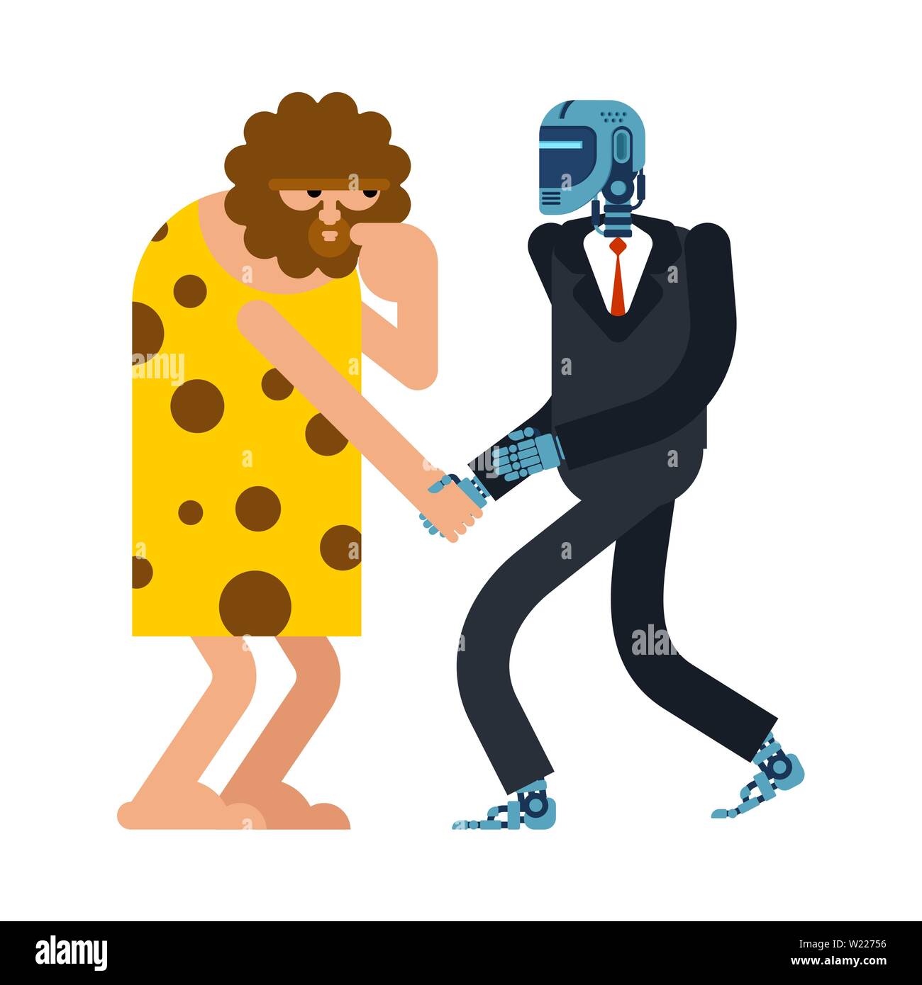 Caveman and Cyborg handshake. Robot and Prehistoric man contract ...
