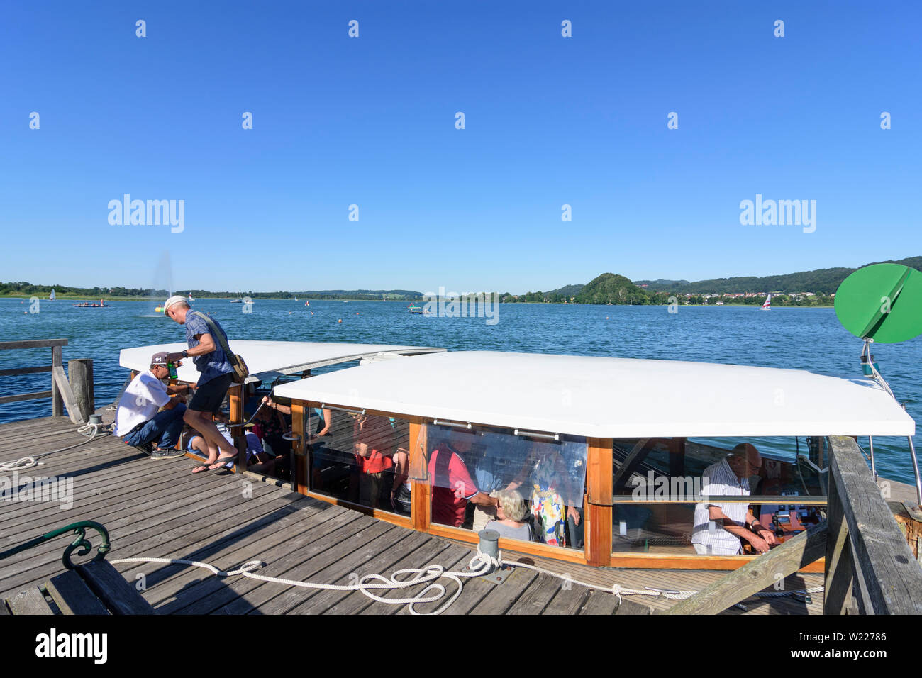 Seeham: lake Obertrumer See, passenger ship "Seenland“, jetty in ...