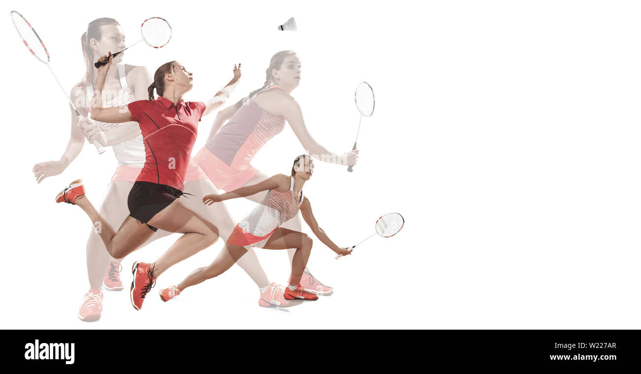 Young women playing badminton on white studio background. Fit female ...