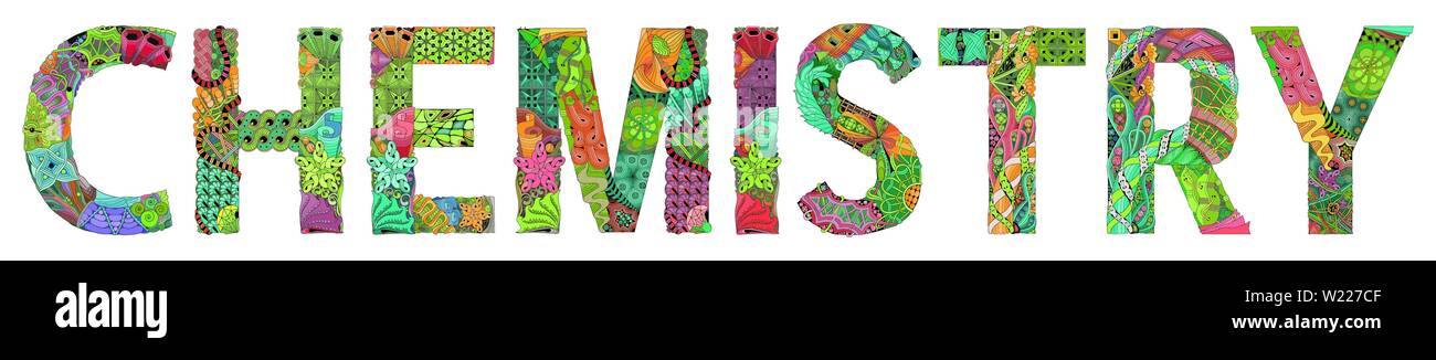 Hand-painted art design. Hand drawn illustration word Chemistry for t ...