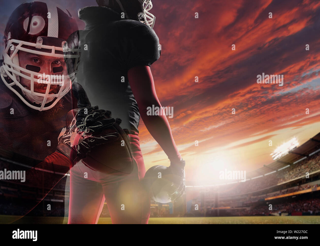 American football player ready to start game at the stadium. Double ...