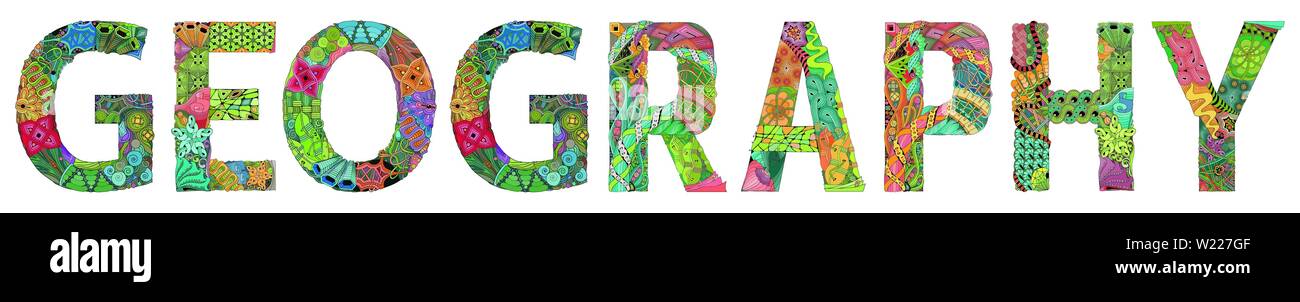 Hand-painted art design. Hand drawn illustration word Geography for t ...