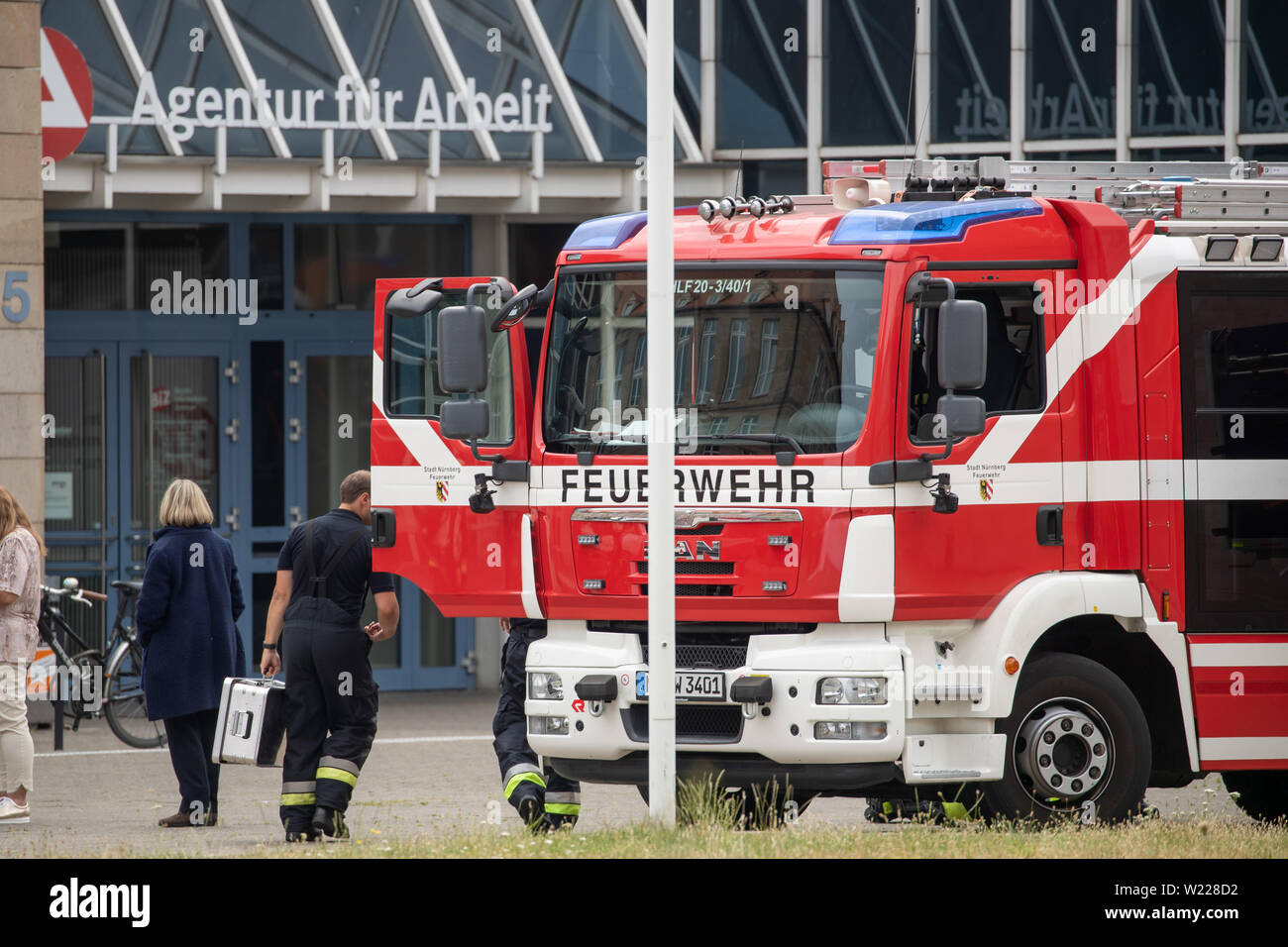 Nuremberg, Germany. 05th July, 2019. A fire engine stands in front of a branch of the Agentur ...