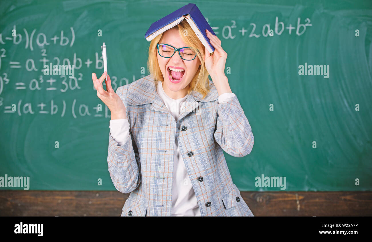 Keep in memory. Improve memory skill. Woman teacher with book as roof ...
