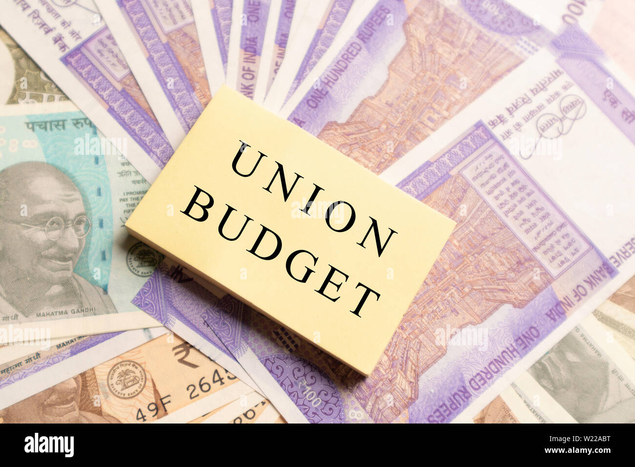 Union Budget printed on New Indian currency notes Stock Photo - Alamy