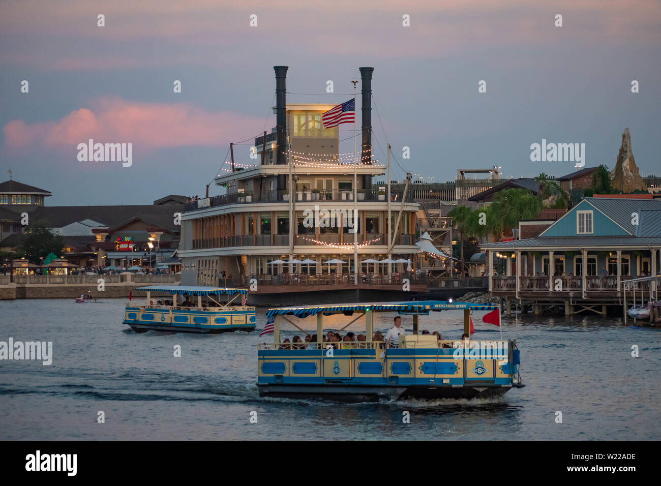 Orlando, Florida. June 15, 2019. Paddlefish restaurant and taxi boats ...