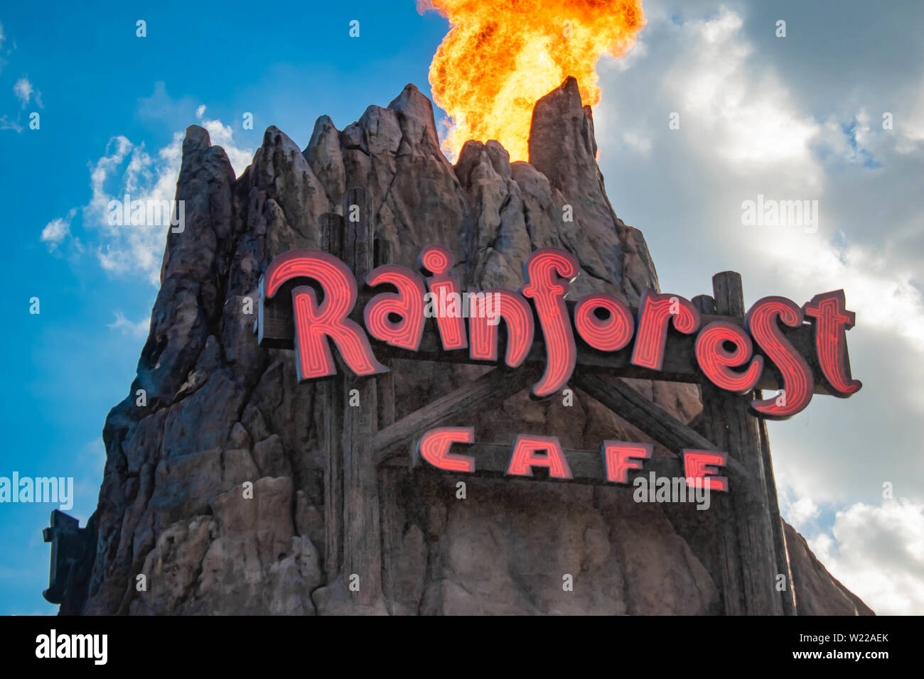 Orlando, Florida. June 15, 2019. Top view of Volcano erupting fire in ...