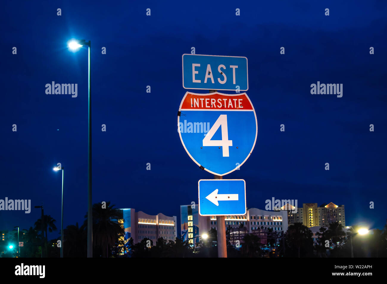 Orlando, Florida. June 13, 2019. East Interstate 4 sign on blue night ...