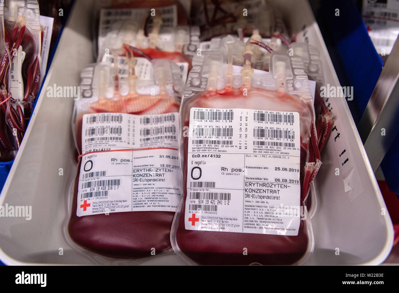 Dresden, Germany. 01st July, 2019. Blood is stored in crates in the ...