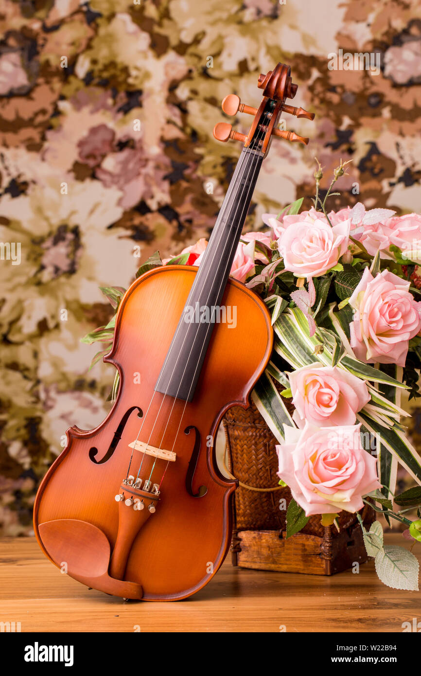 Violin and rose with vintage style Stock Photo - Alamy