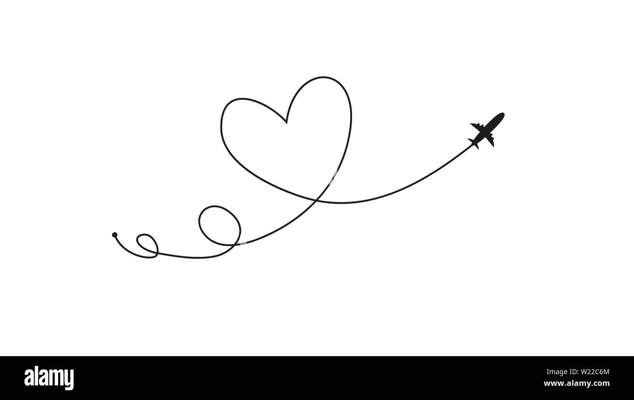 Plane and its track in the shape of a heart on white background. Vector ...