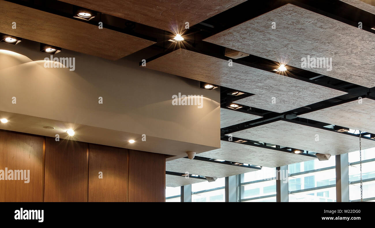 Modern restauant interior wooden ceiling panel structure lighting ...