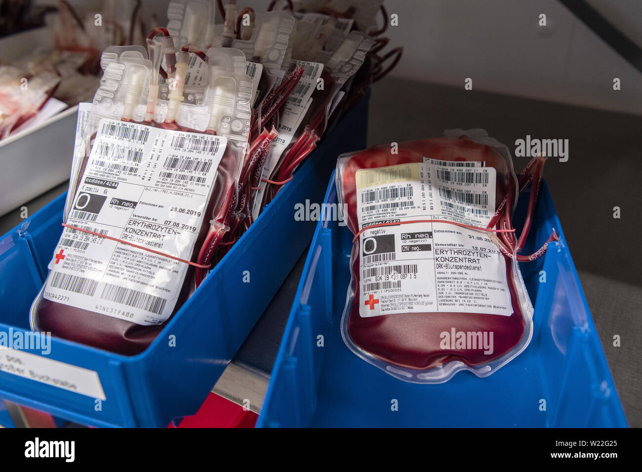 Dresden, Germany. 01st July, 2019. Blood is stored in crates in the ...