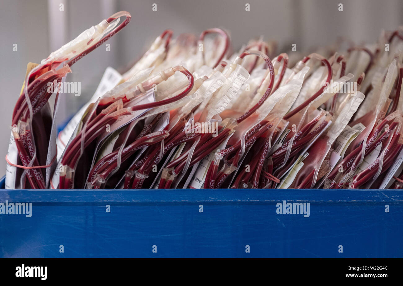 Dresden, Germany. 01st July, 2019. Blood is stored in crates in the ...