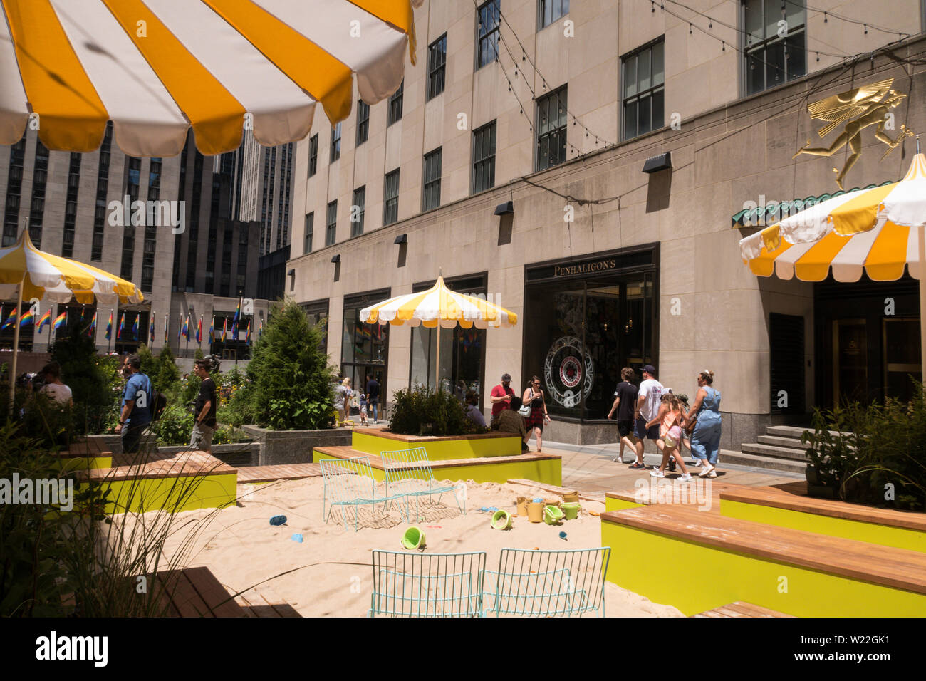 Summertime sandbox in Rockefeller Center Promenade, NYC, USA Stock ...
