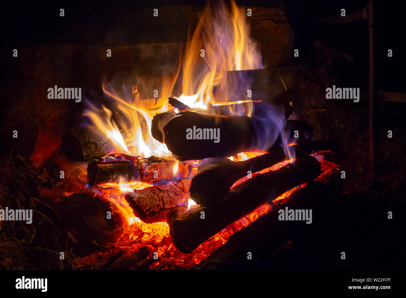 Burning flame camp bonfire at night in the woods Stock Photo - Alamy