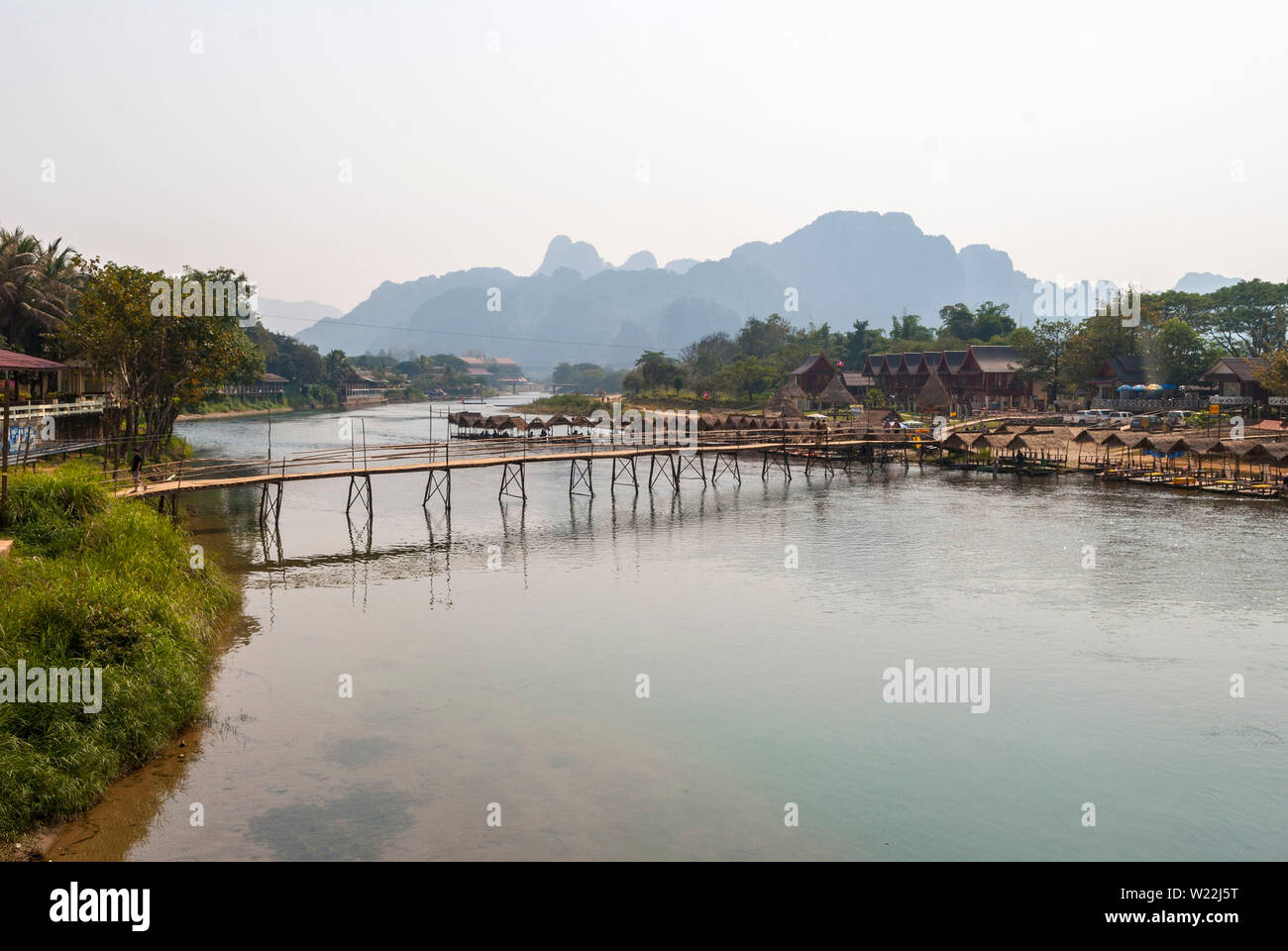 View over Vang Vieng with the river and bridge, Laos Stock Photo - Alamy
