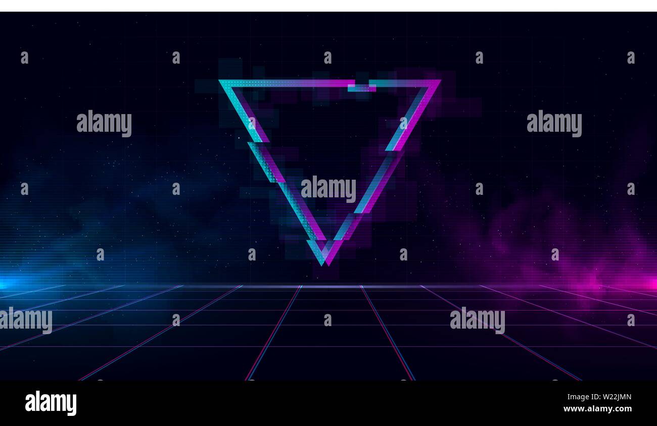 Retrowave background with sparkling glitched triangle and blue and ...