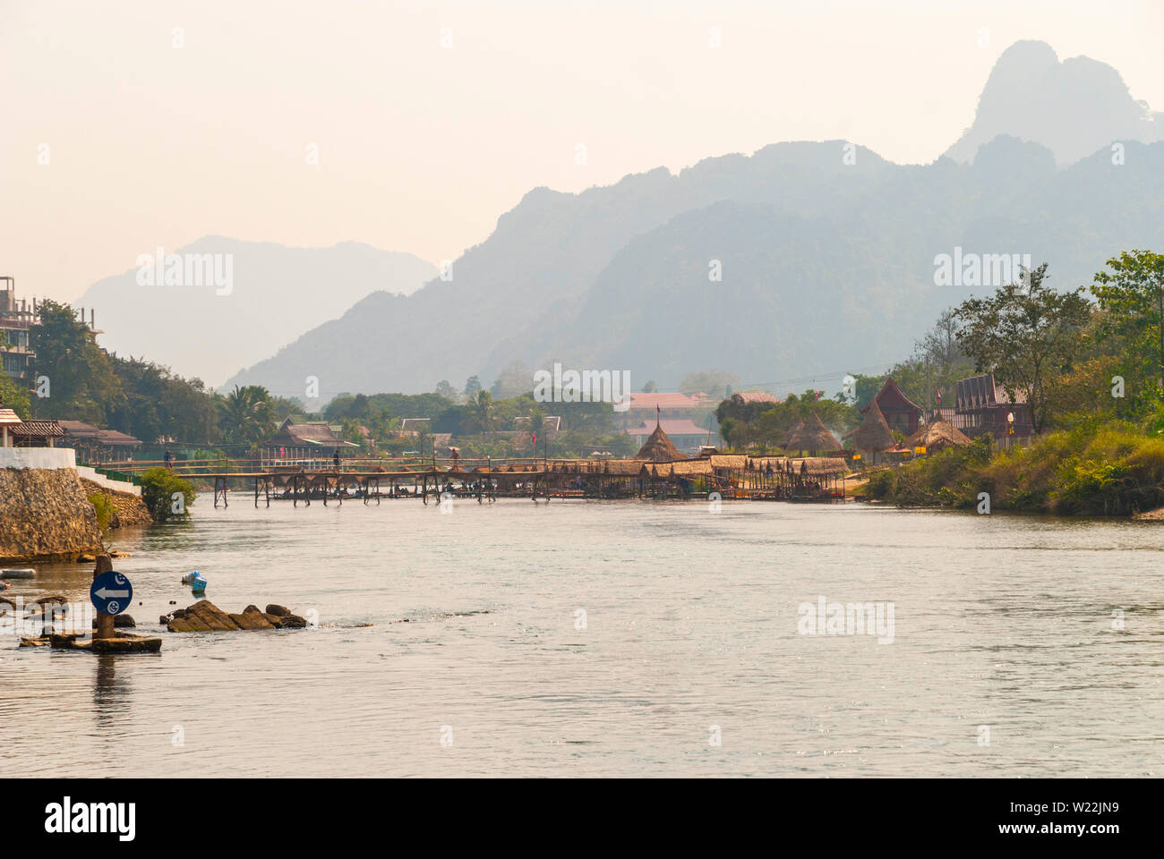 View over Vang Vieng with the river and bridge, Laos Stock Photo - Alamy