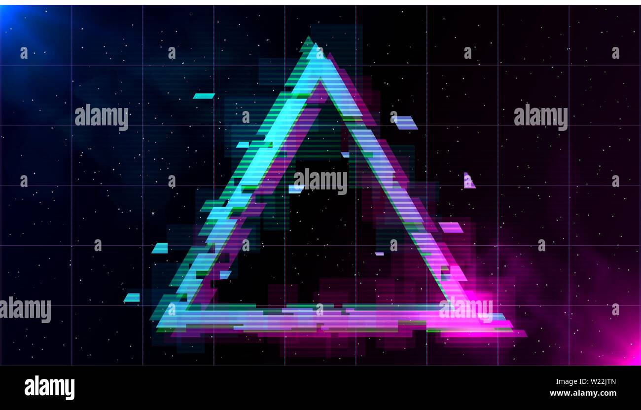 Retrowave Glitch Triangle with sparkling and blue and purple glows with ...