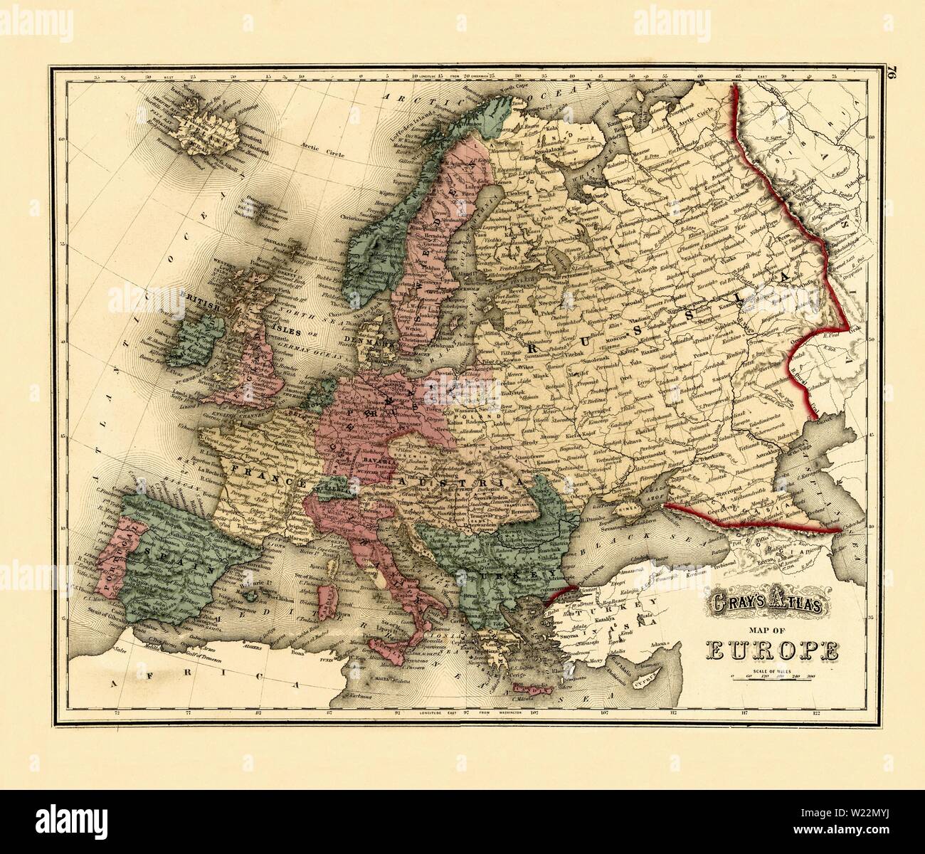 1874 Map of Europe - Vintage Antiquarian Map by Gray Stock Photo - Alamy