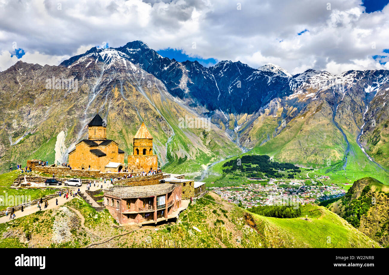 Gergeti Trinity Church under Mount Kazbegi in Georgia Stock Photo - Alamy