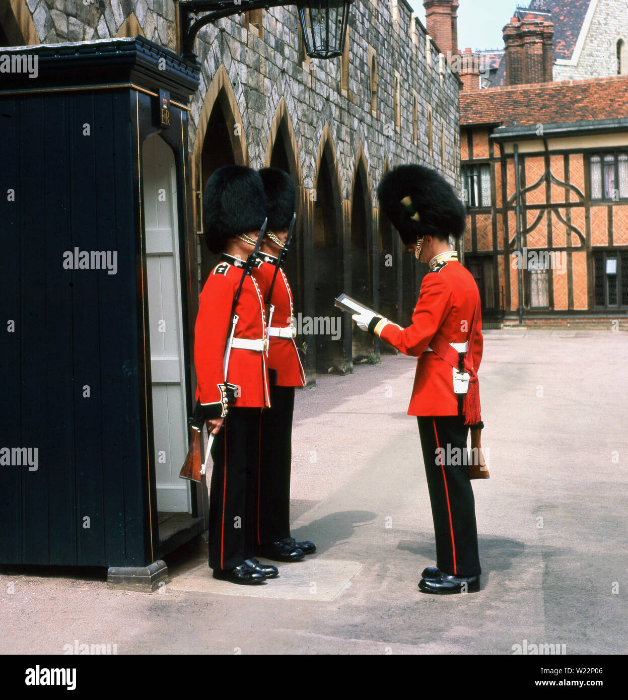 1968, historical, Redcoated soliders wearing Bearskins standing at ...