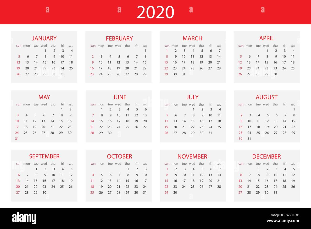 Calendar 2020 year, simple design template, week starts on Sunday ...