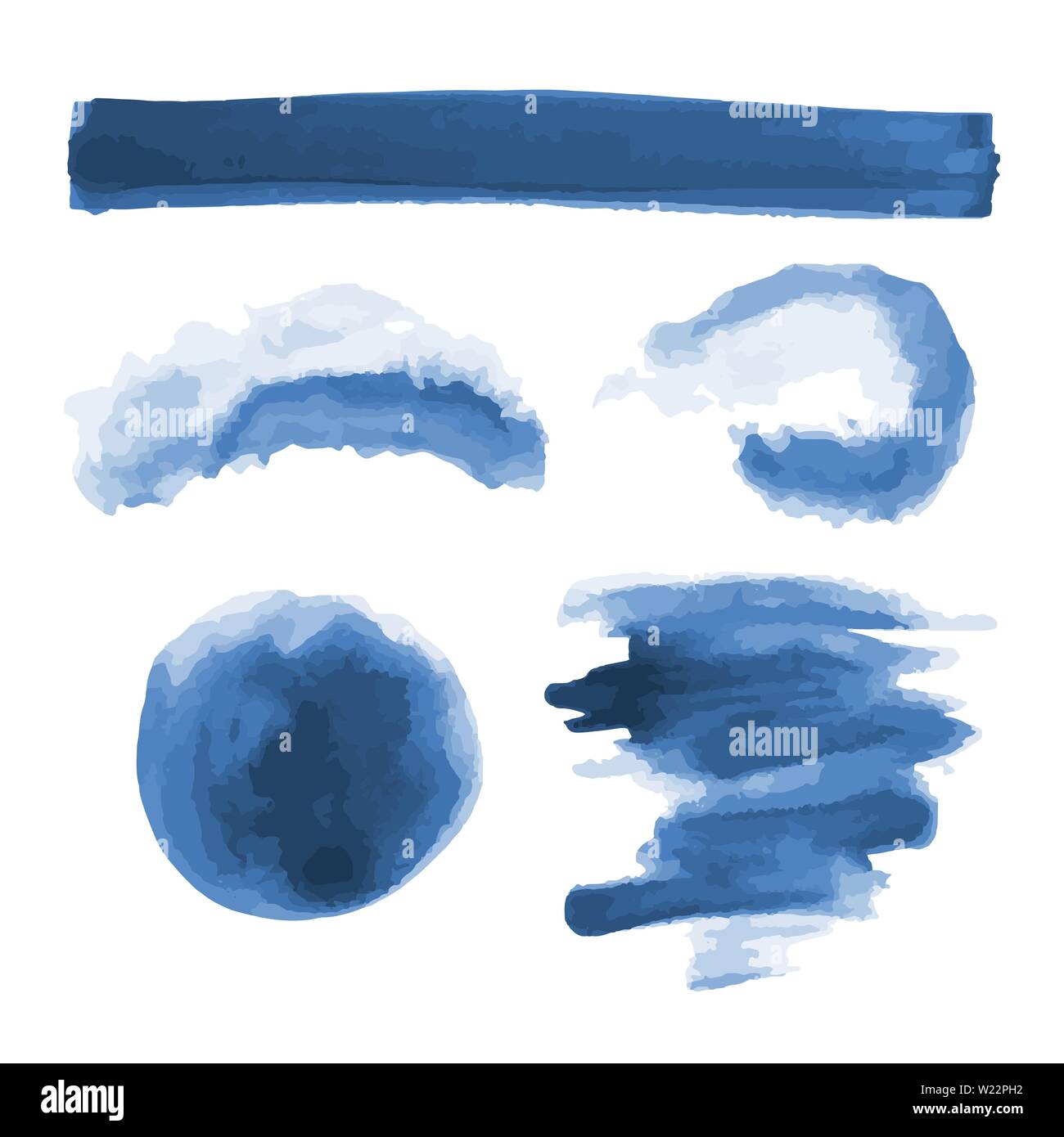 Deep blue watercolor shapes, splotches, stains, paint brush strokes ...