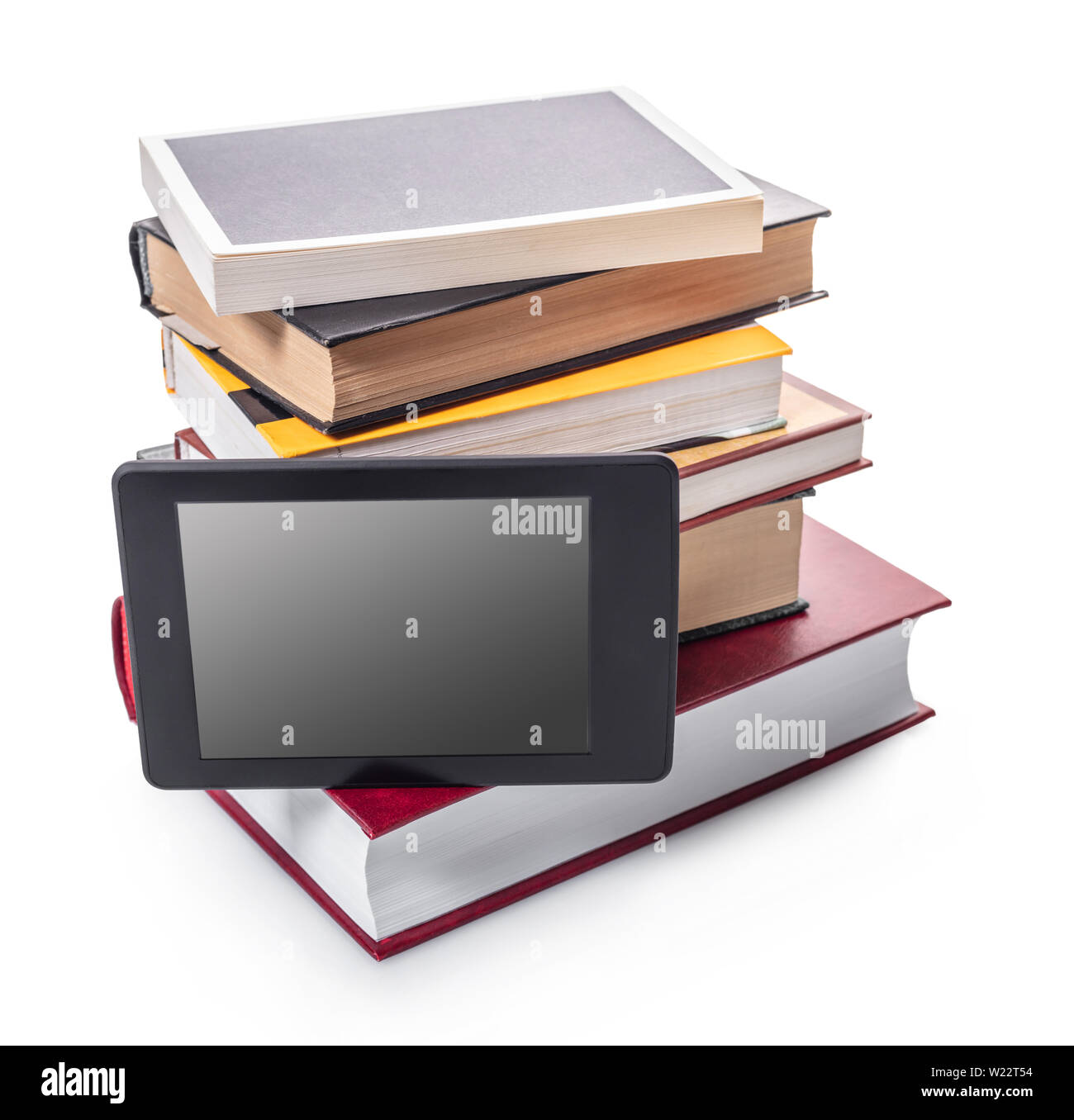 electronic and paper books on white isolated background Stock Photo - Alamy