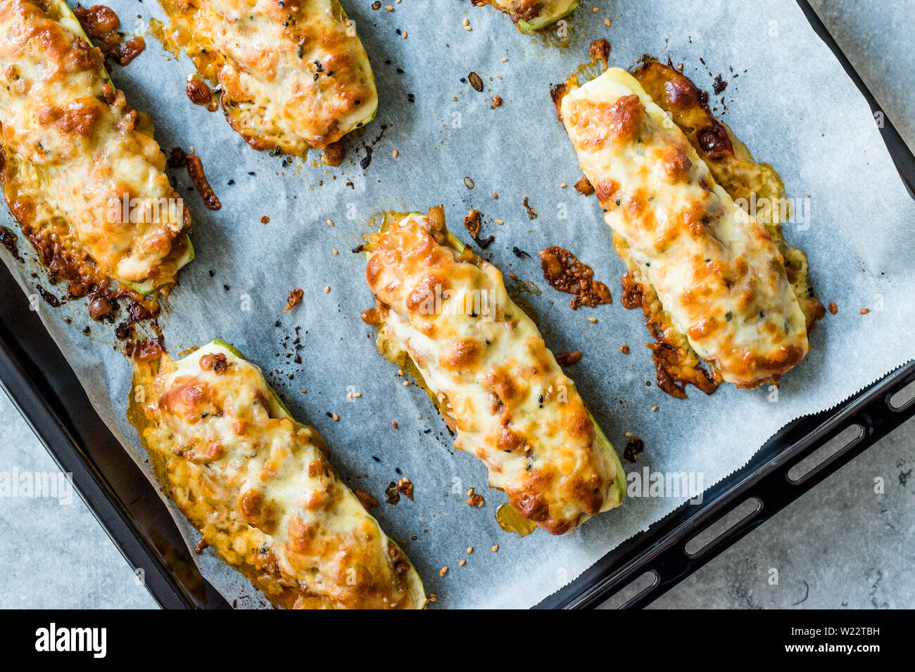 Baked Zucchini Courgettes Stuffed with Cheese and Dill. Organic ...