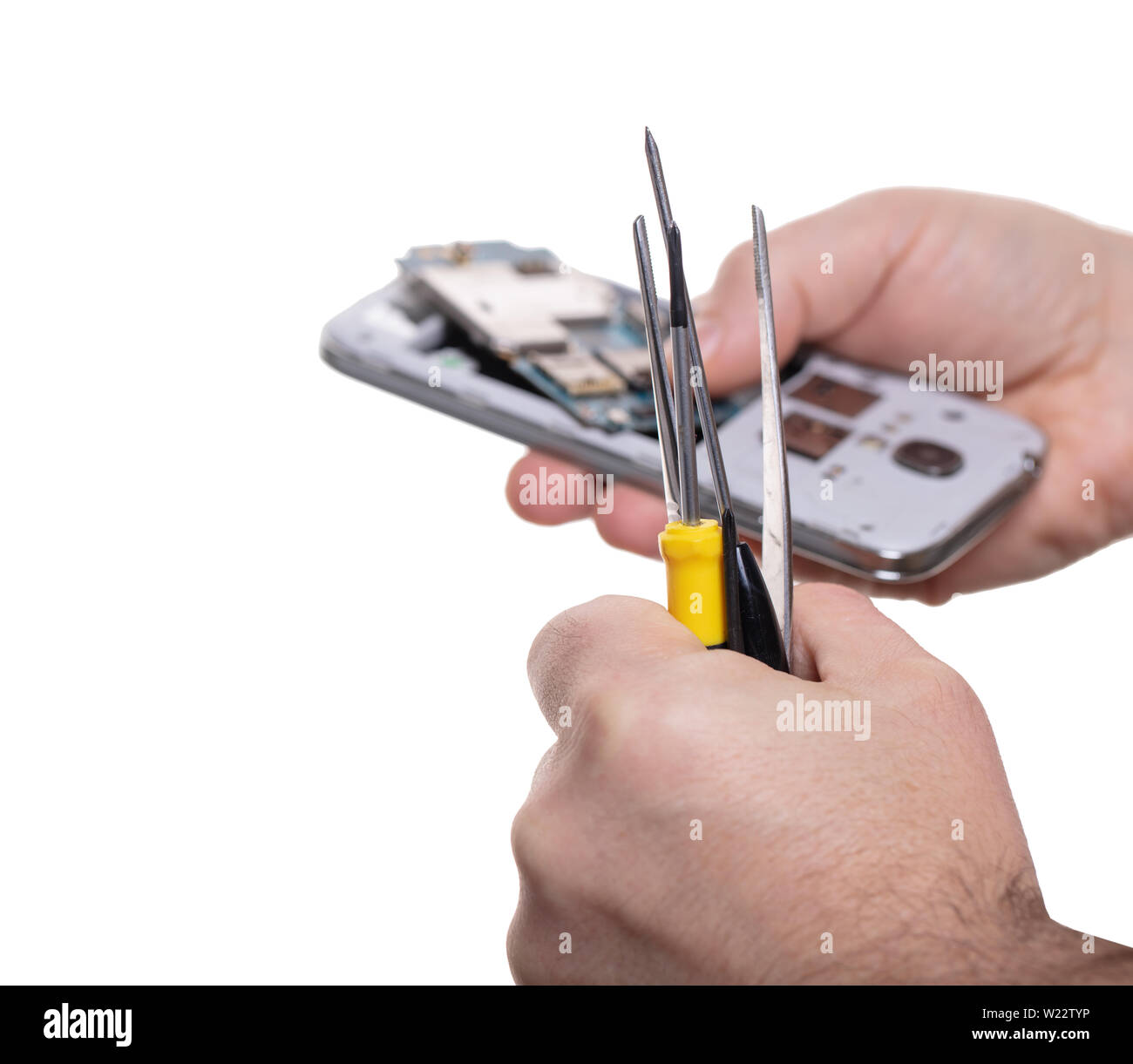 mobile phone repair, hands closeup on a white isolated background Stock ...
